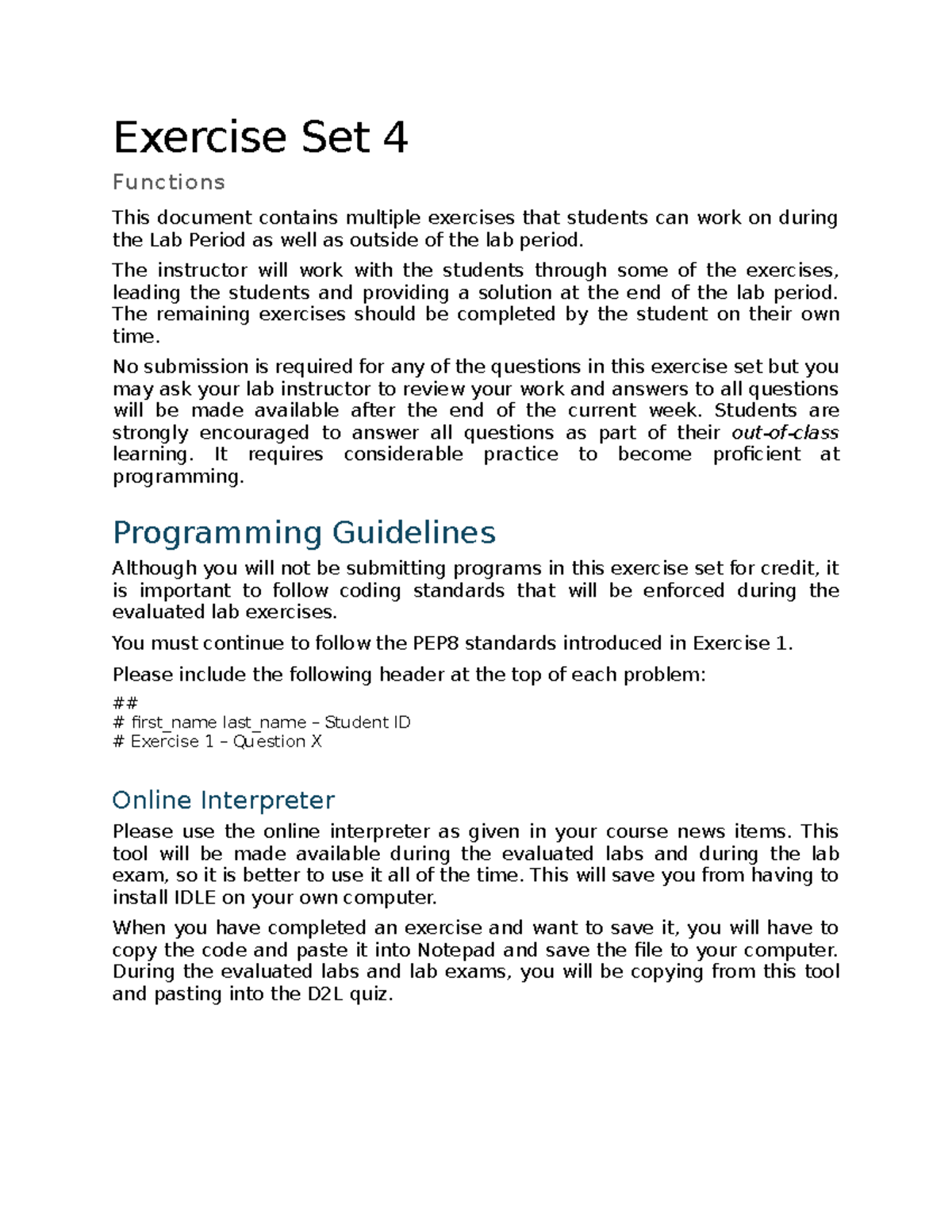 Exercise Set 4 - Solutions for Functions Lab (Programming) - Studocu