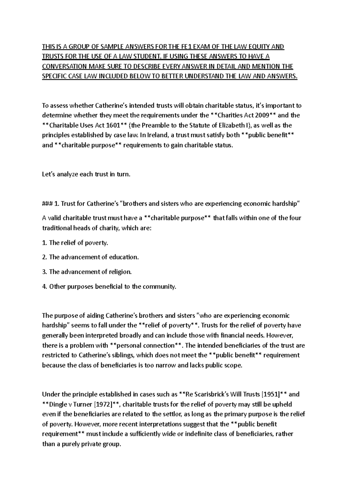 FE1 Sample Answers for Law Equity and Trusts Exam - Studocu