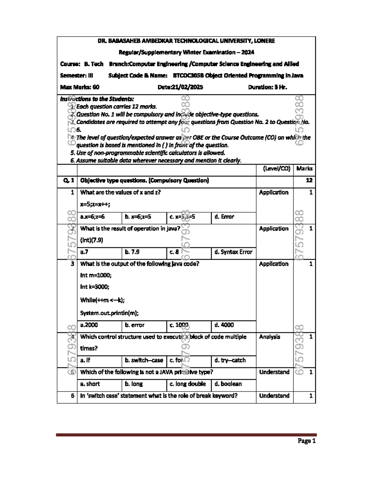 B. Tech OOP in Java (BTCOC305B) Winter Exam Paper 2024 - Studocu