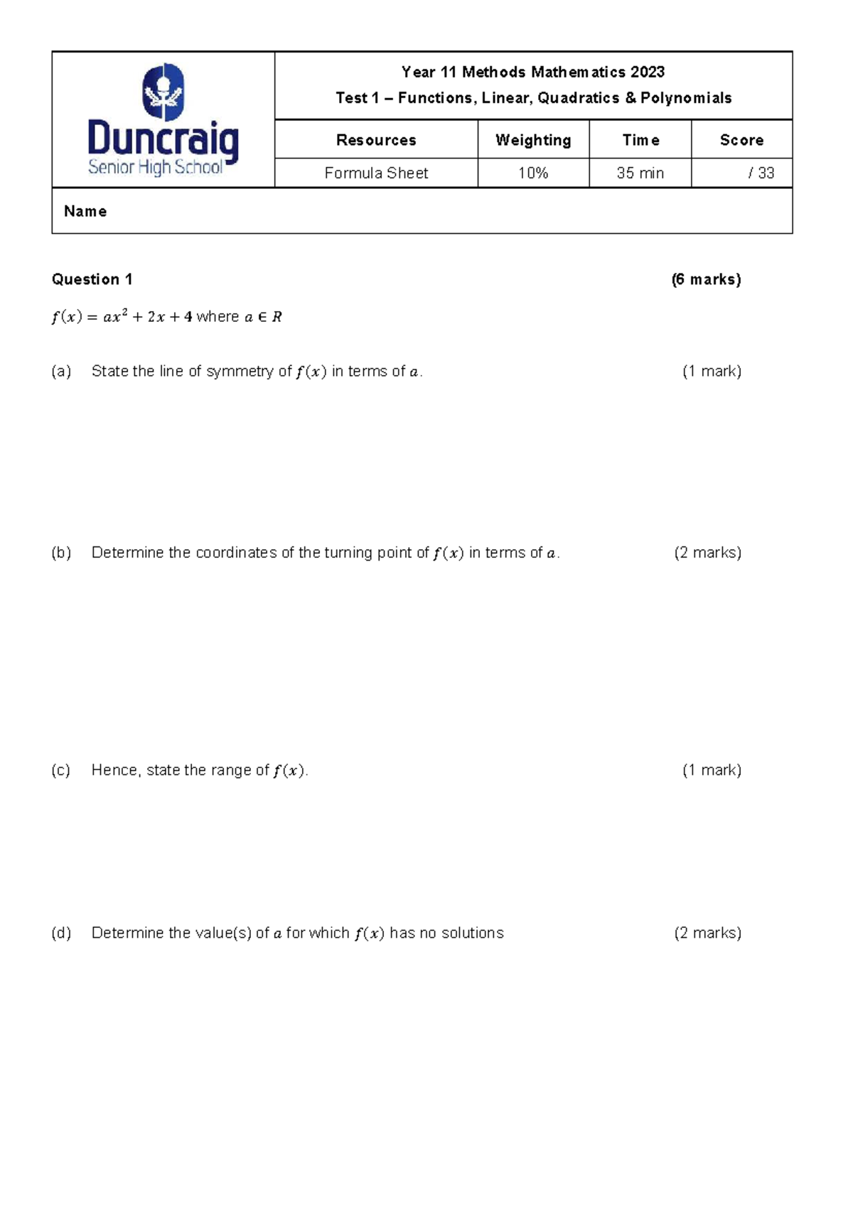 Yr 11 Methods Math Test 1: Functions, Linear & Quadratics - 2024 - Studocu