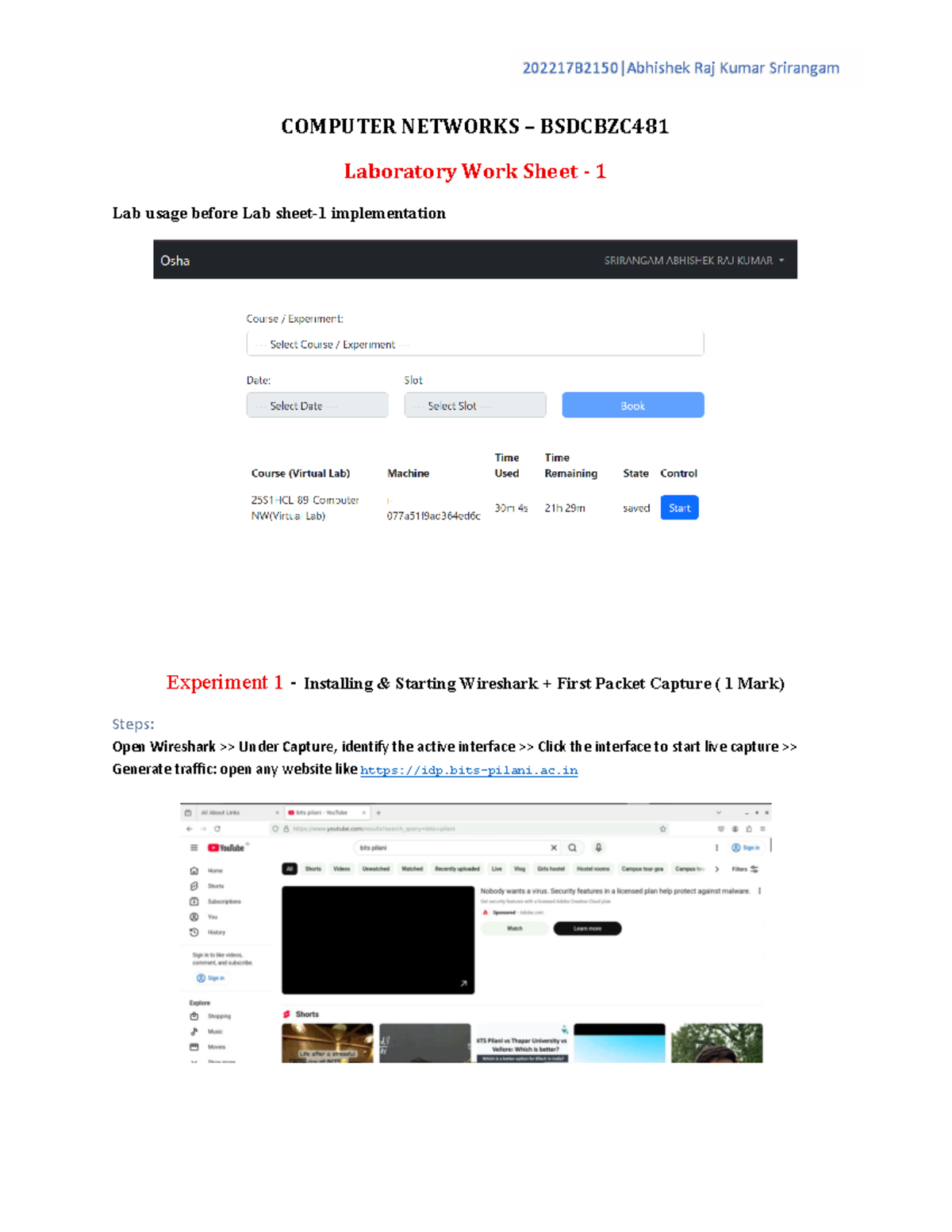 Computer Networks Lab-1 BSDCBZC481: Wireshark Experiments Guide - Studocu