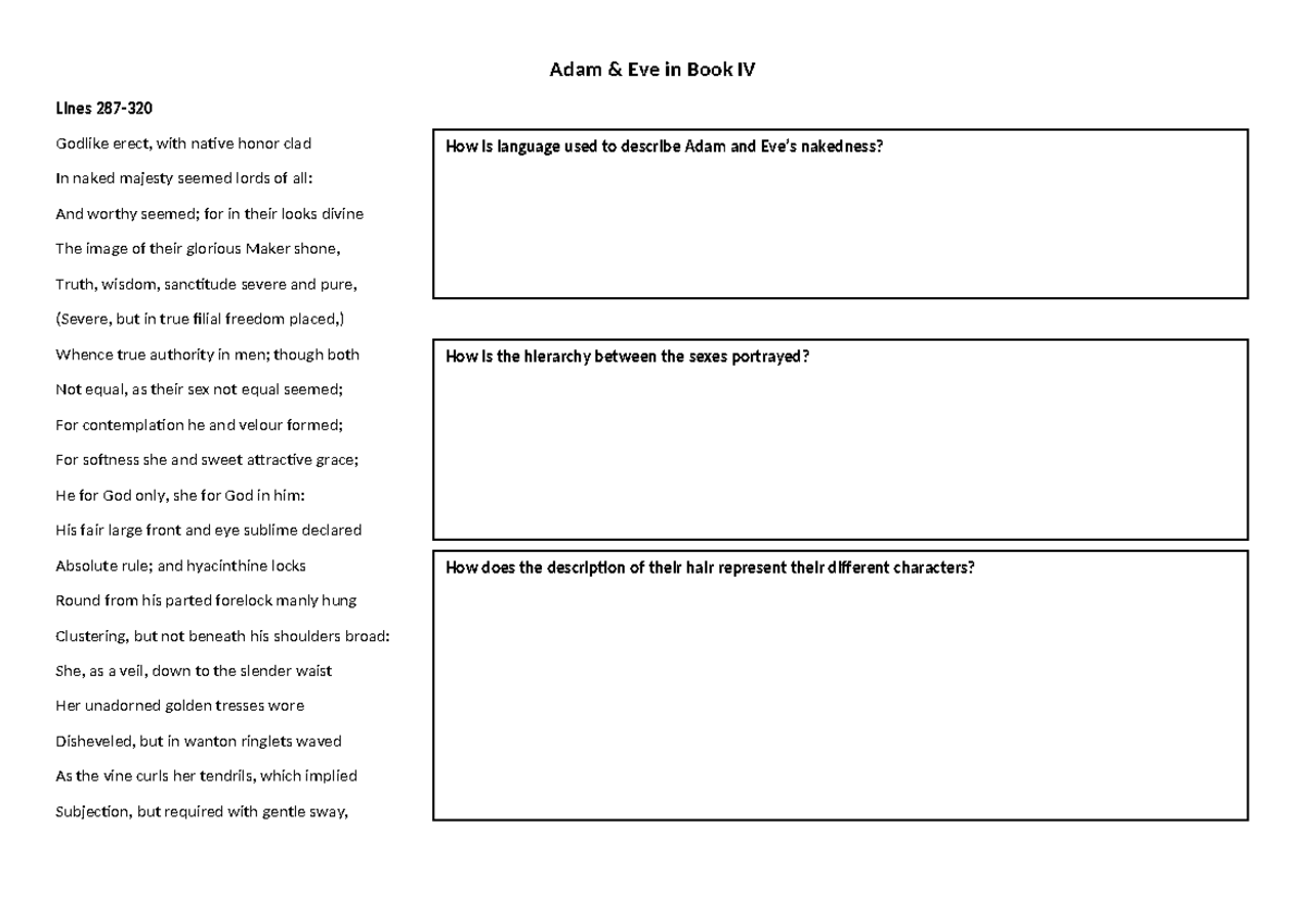 Adam & Eve - Book IV - Analysis of Language & Gender Roles - Studocu