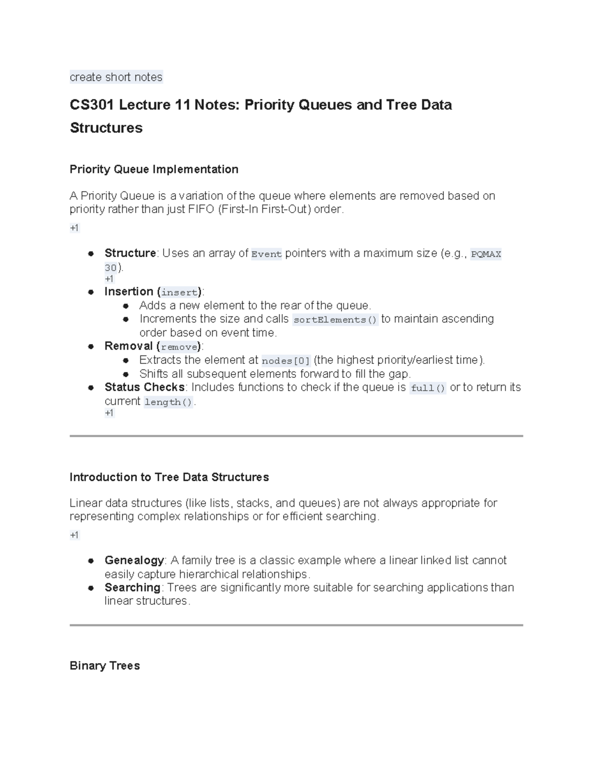 CS301 Lecture Notes: Priority Queues, Trees & BST Operations - Studocu