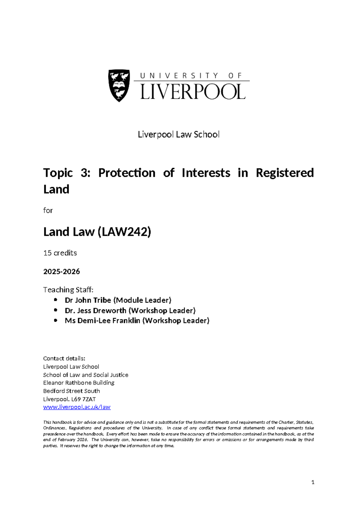 Syllabus Topic 3: Protection of Interests in Registered Land (LAW242 ...