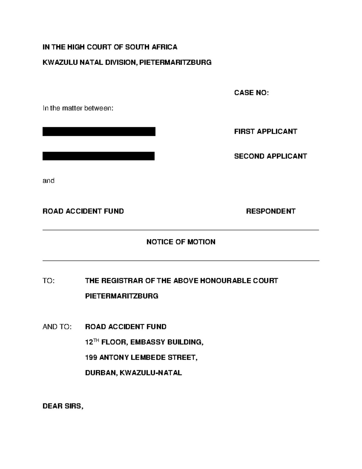 RAF Application to Compel Lodgment & Registration – Mbatha Case - Studocu