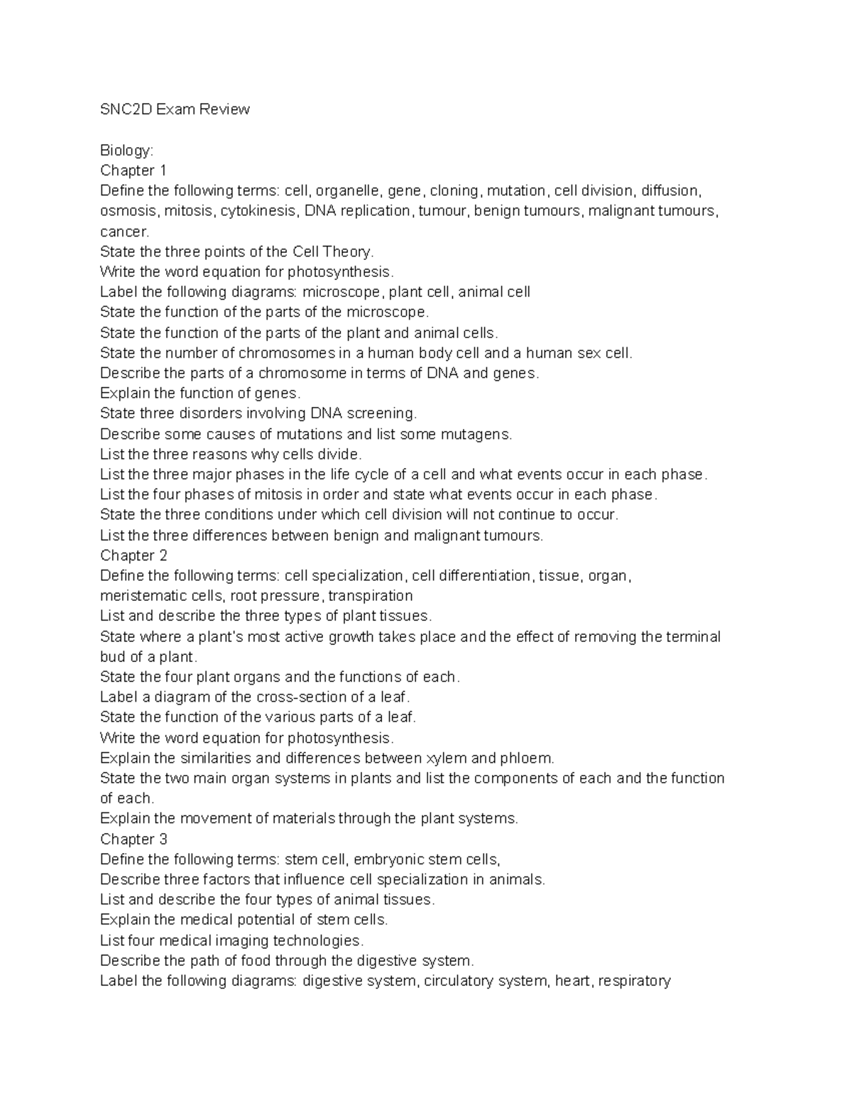 SNC2D Final Exam Review: Biology, Chemistry & Physics Concepts - Studocu