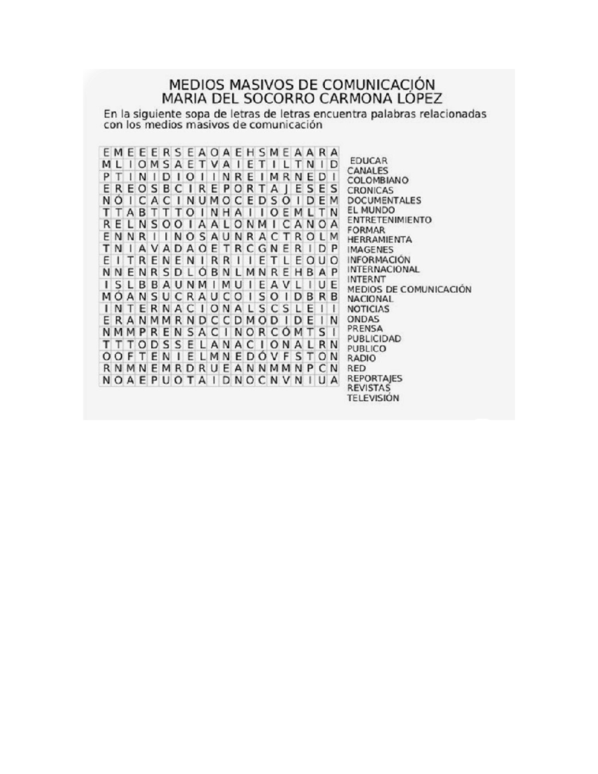 Sopa de Letras Comunicacion - MEDIOS MASIVOS DE COMUNICACIÓN MARIA DEL ...