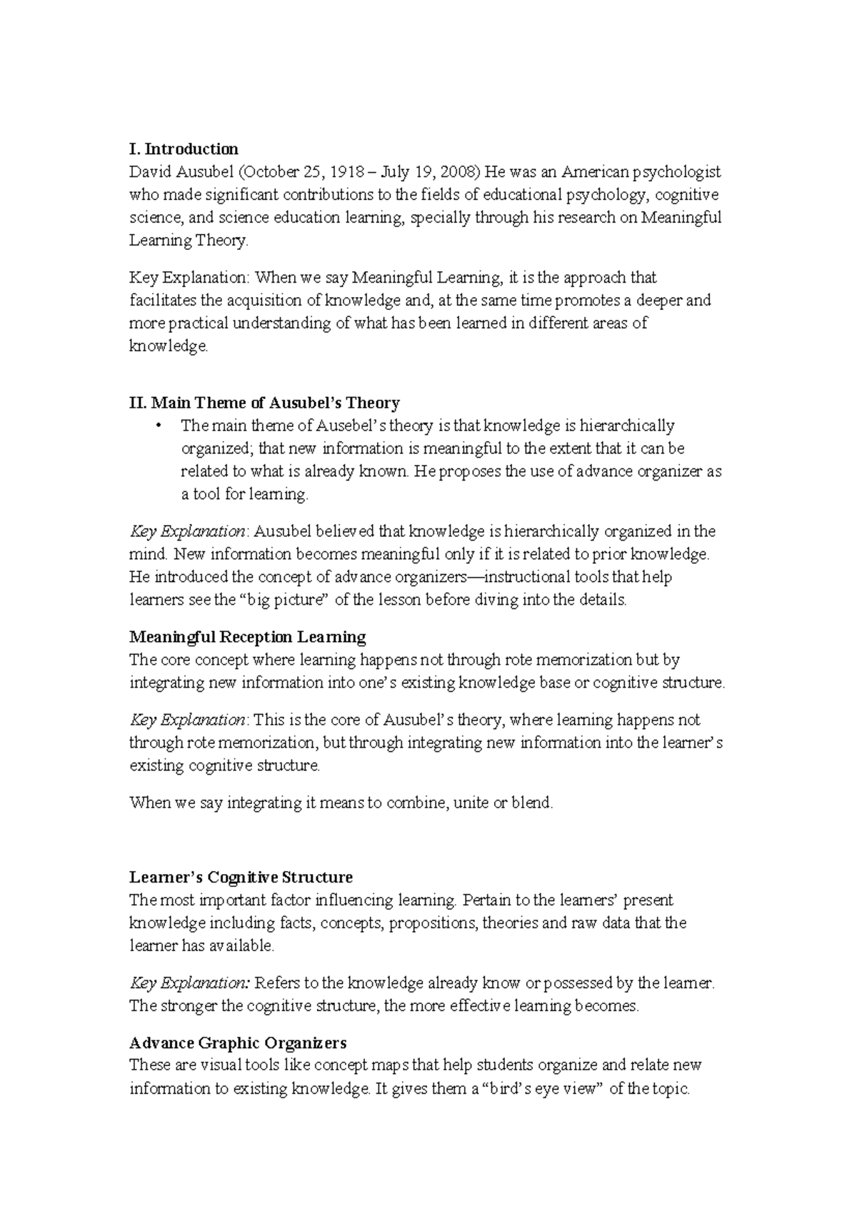 David Ausubel - Meaningful Learning Theory Overview - Studocu