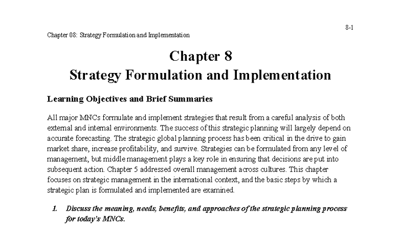 Chapter 08: Strategic Formulation & Implementation in MNCs - Studocu