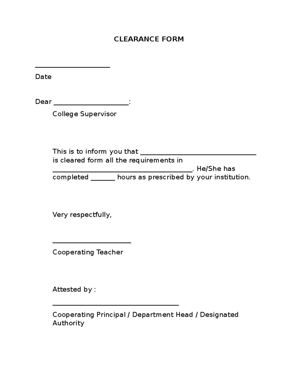 Clearance-FORM - CLEARANCE FORM ______________________ Date Dear ...