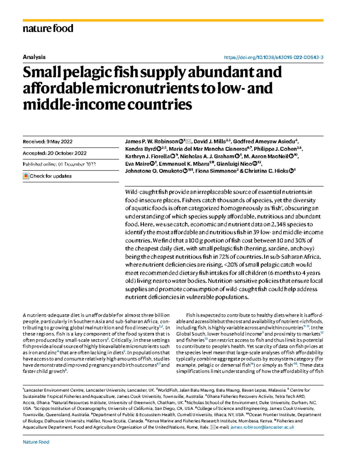 Small Pelagic Fish: Key Nutrient Source for Low-Income Regions - nature ...