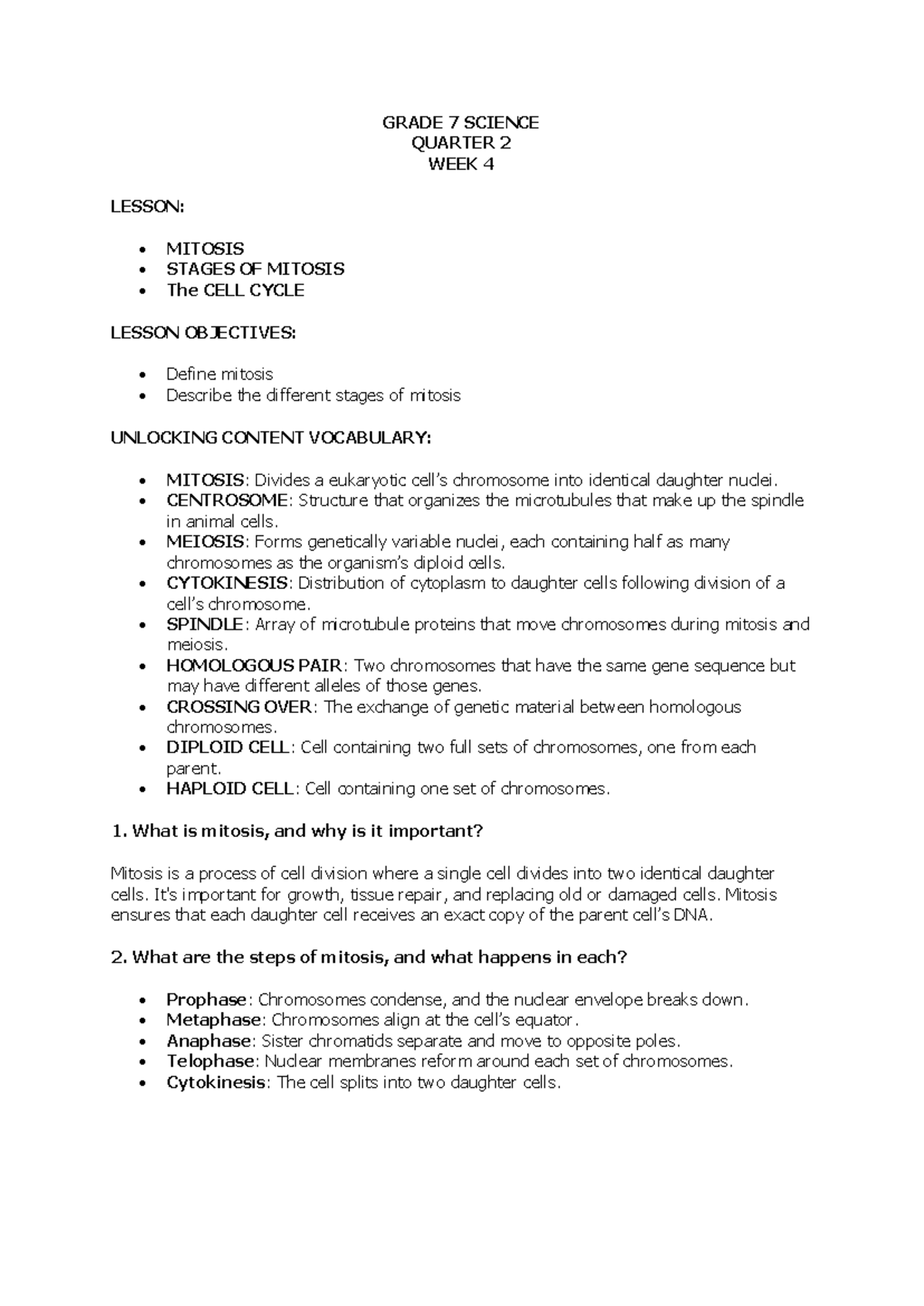 W4 Notes Q2 G7 Science-Mitosis-and-Meiosis - GRADE 7 SCIENCE QUARTER 2 ...