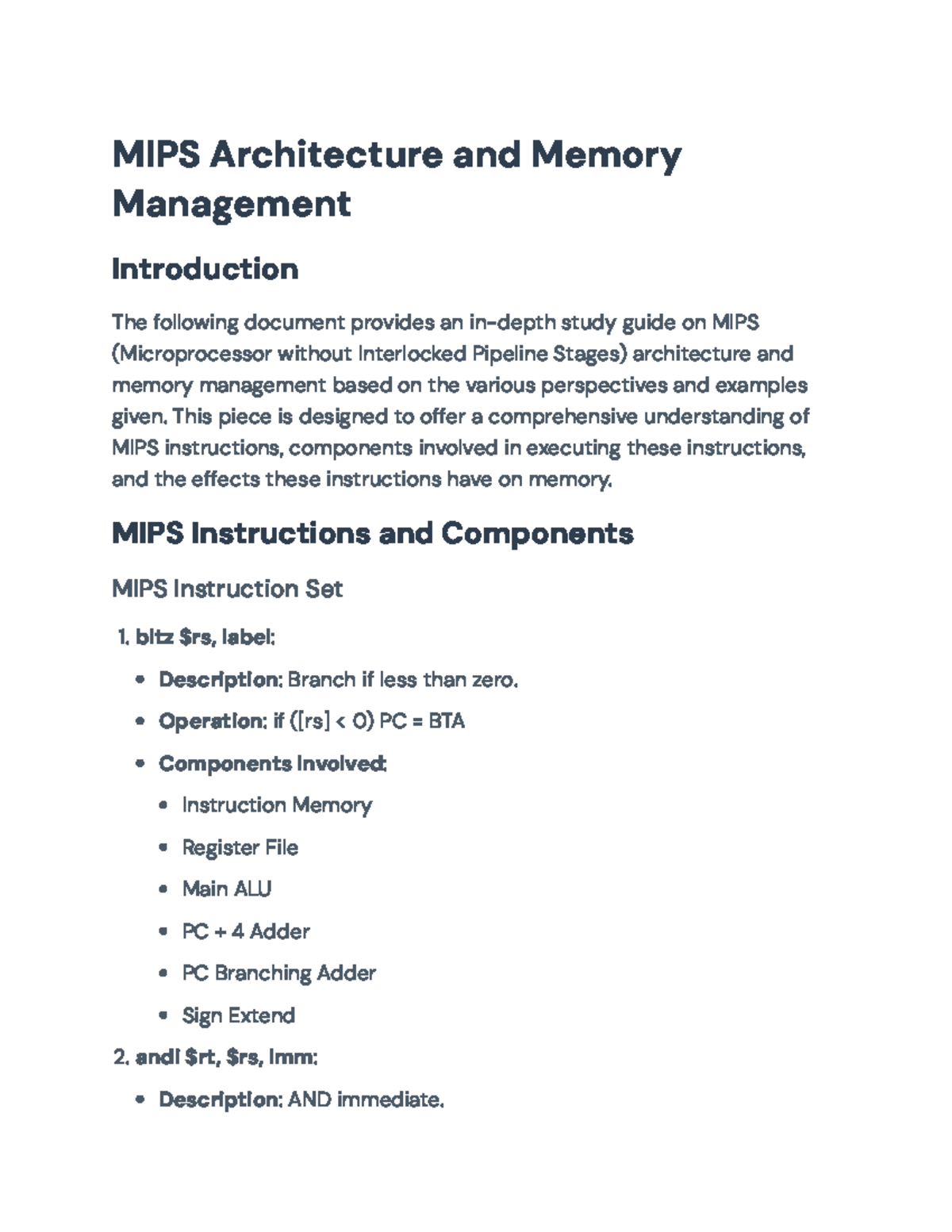 MIPS Architecture and Memory Management Study Guide - MIPS Architecture ...