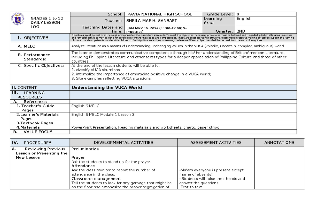 English 9 Daily Lesson Log: Understanding VUCA Concepts - Studocu
