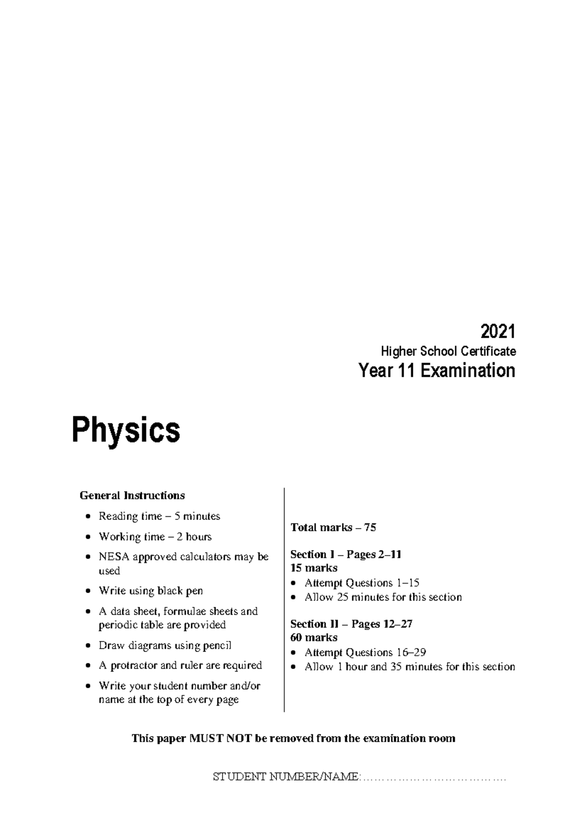 2021 Year 11 Physics HSC Exam Instructions & Guidelines - Studocu