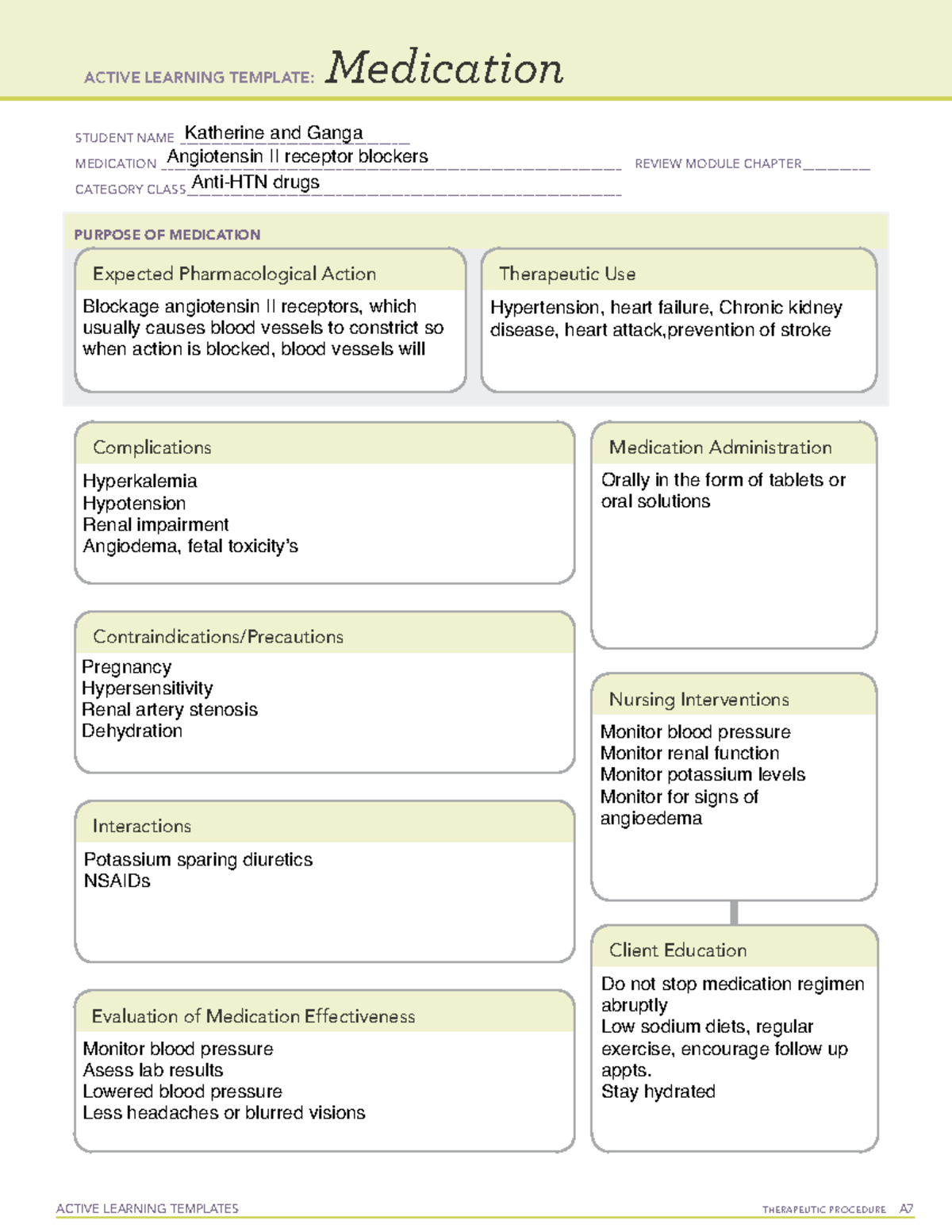 ACTIVE LEARNING TEMPLATE: Angiotensin II Receptor Blockers Review - Studocu