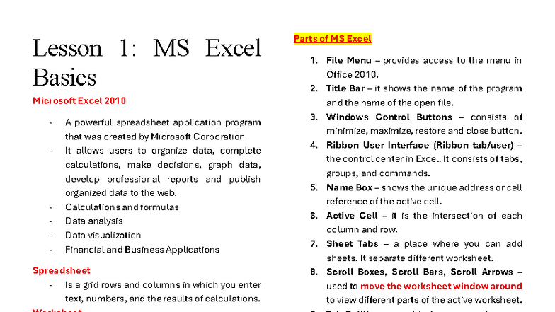Intsofap MID: MS Excel Basics - A Comprehensive Guide - Studocu