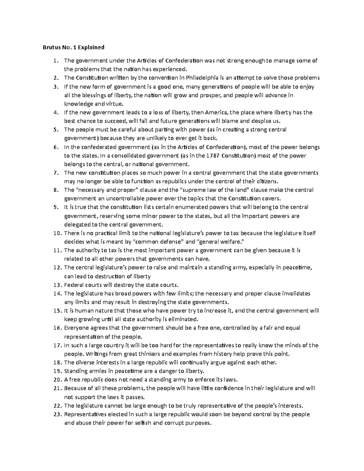 Brutus No. 1 Analysis: Central Government vs. States' Rights - Studocu