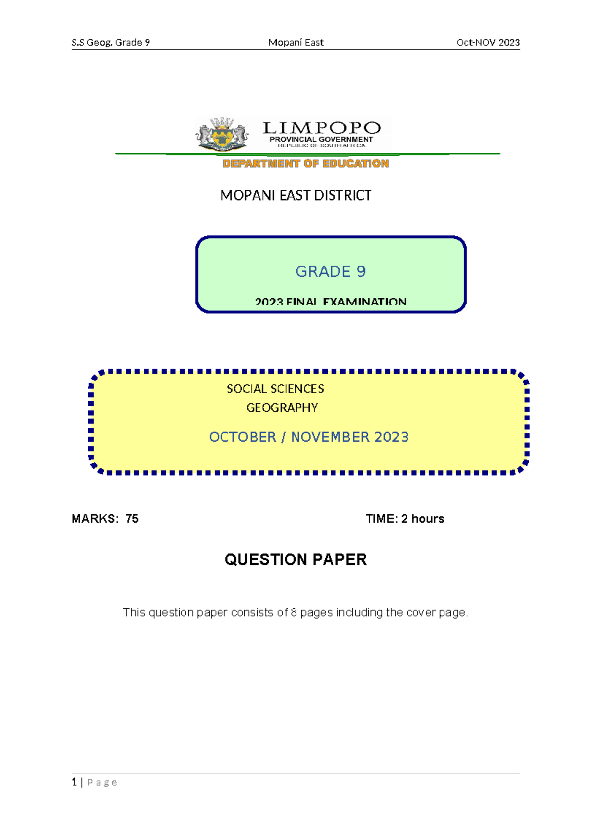 S.S Geog. Grade 9 Mopani East 2023 Final Exam Question Paper - Studocu