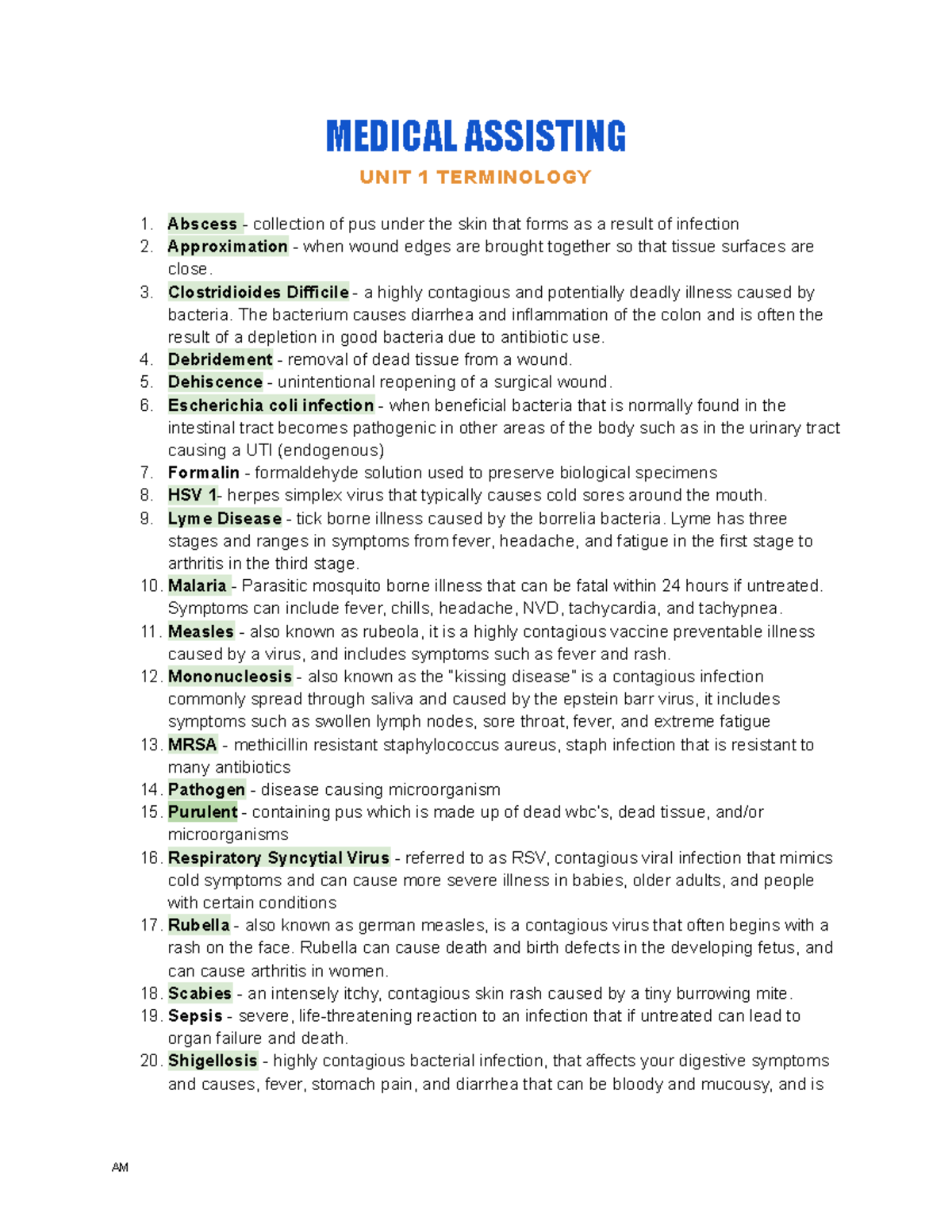 Medical Assisting Unit 1 Terminology Guide - Studocu