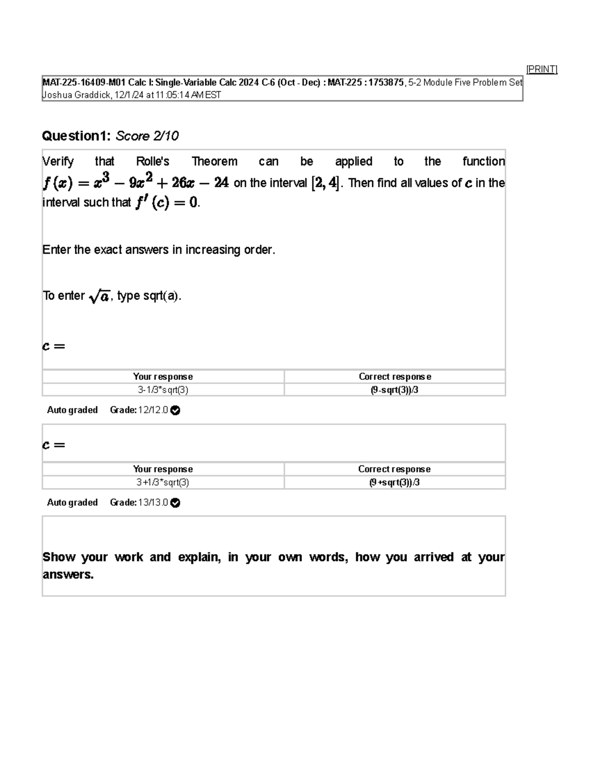 Southern New Hampshire University - 5-2 Module Five Problem Set - [PRINT] MAT-225-16409-M01 Calc ...