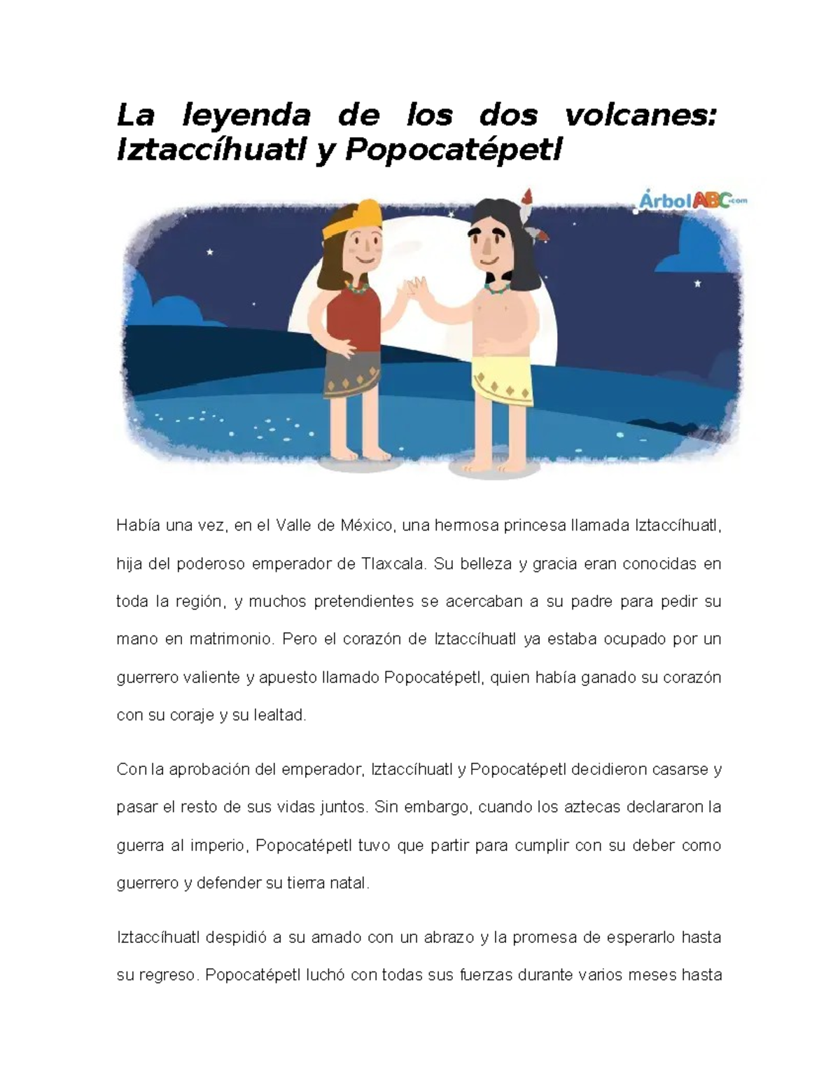 La leyenda de Iztaccíhuatl y Popocatépetl: Un Romance Épico - Studocu