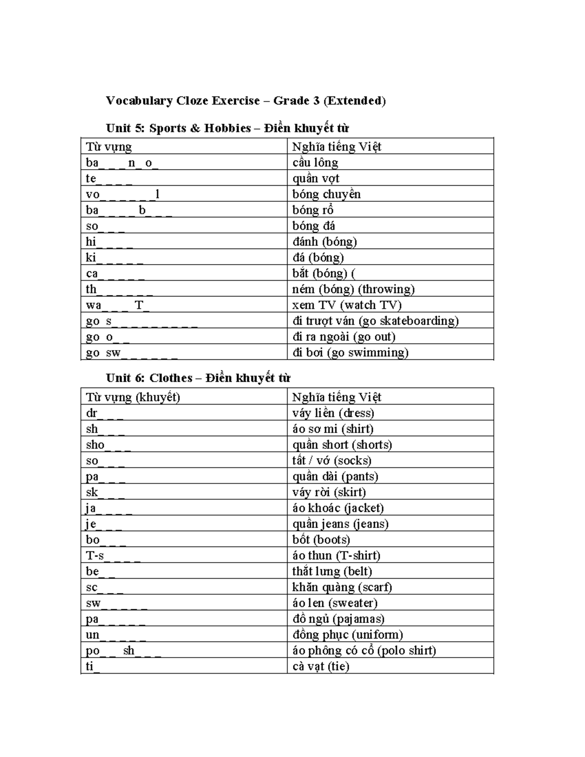 Grade 3 Vocabulary Cloze Exercise: Sports & Clothes Units - Studocu