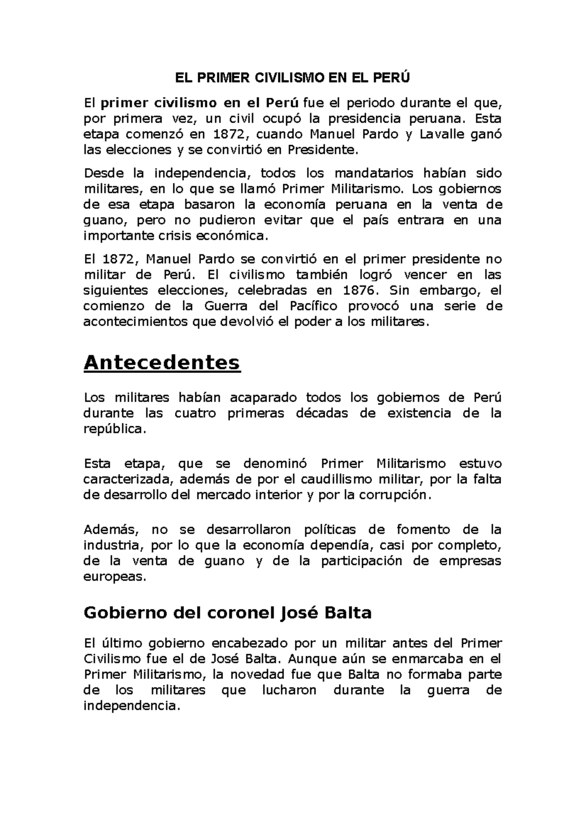 El Civilismo y su Impacto en la Historia Peruana (1872-1875) - Studocu