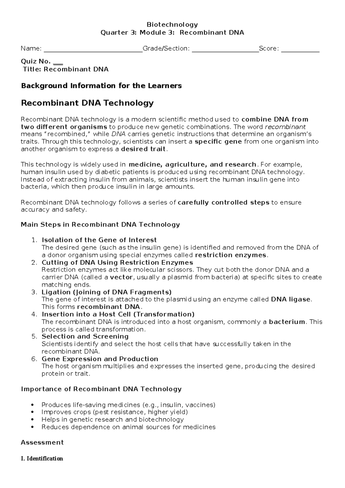 Biotechnology Q3: Module 3 Quiz on Recombinant DNA Technology - Studocu