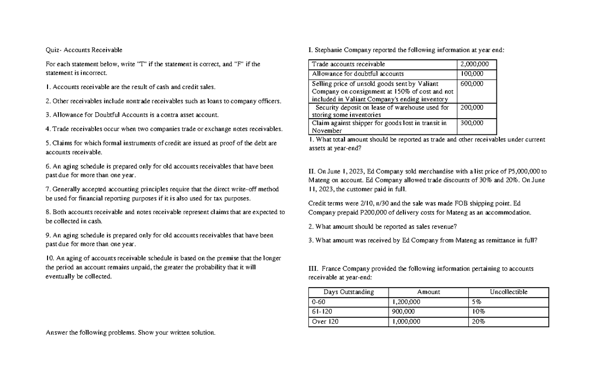 Quiz on Accounts Receivable: True/False & Problem Solving (ACCT101) - Studocu