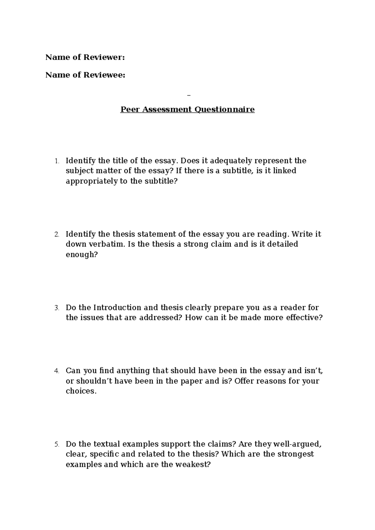 Peer review questionnaire for essay assessment - Studocu