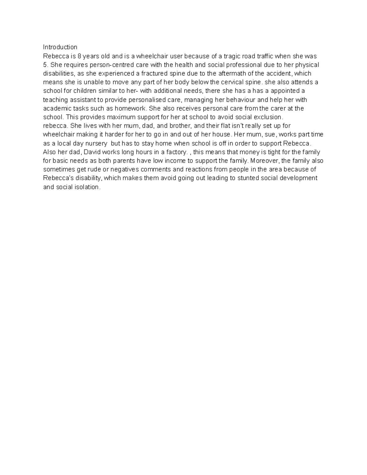 Unit 12 - Case Study on Rebecca's Disability and Family Support - Studocu