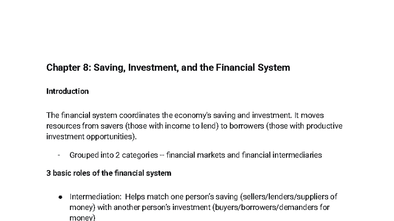 Chapter 8 Notes: Saving, Investment, and the Financial System - Studocu