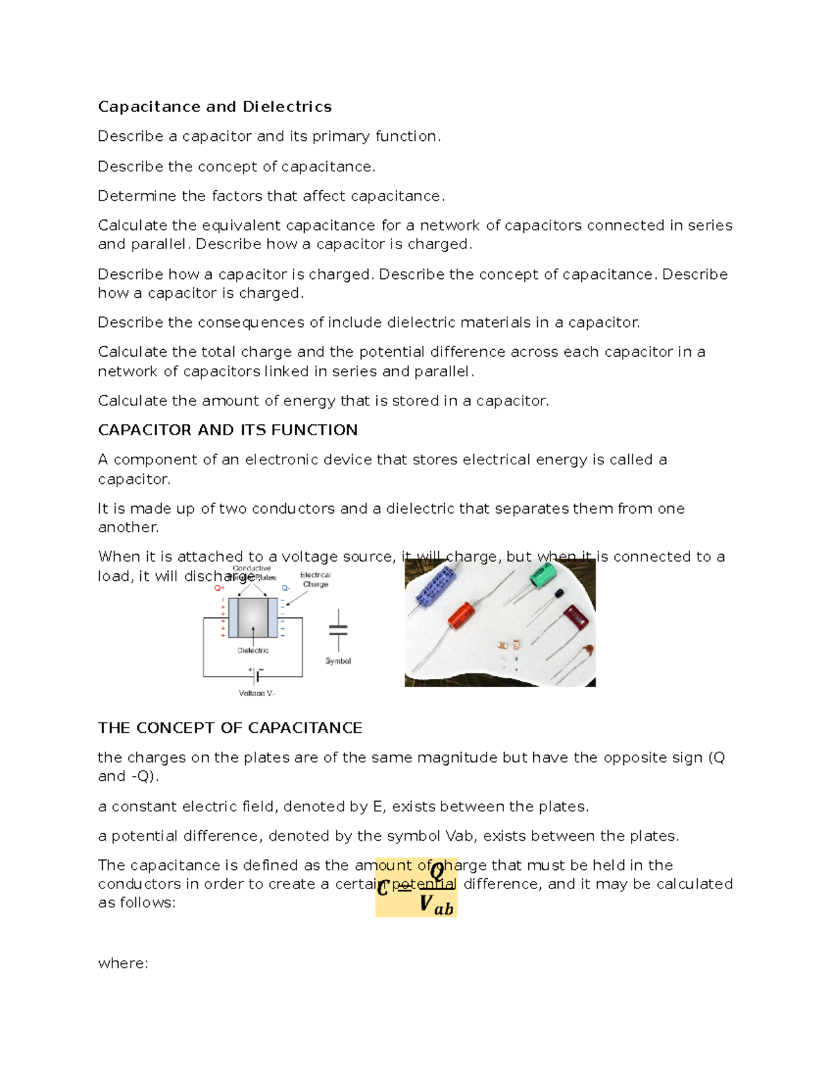 Capacitance and Dielectrics - Capacitance and Dielectrics Describe a ...