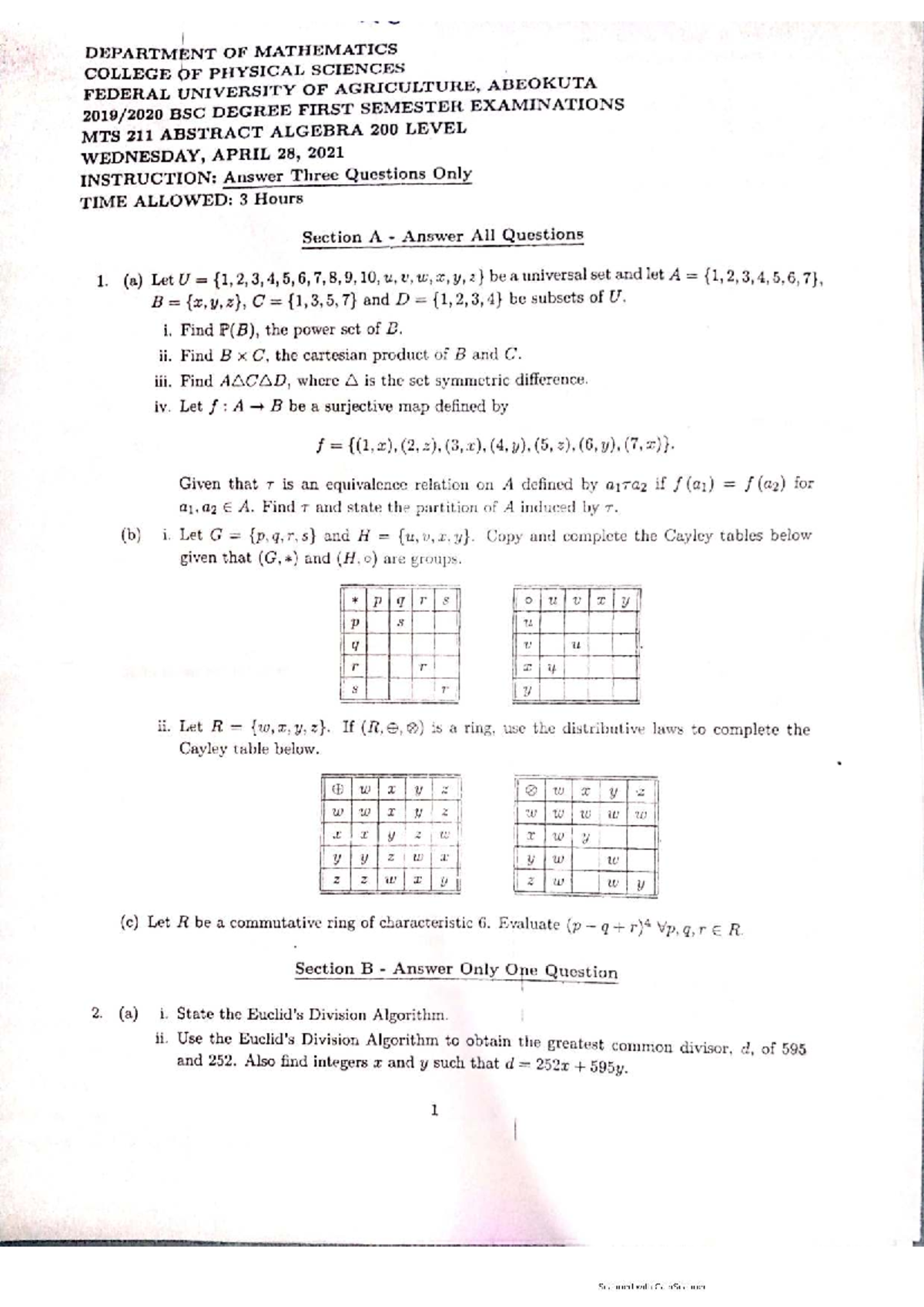 MTS 211: Abstract Algebra 200L First Semester Past Exam Questions - Studocu