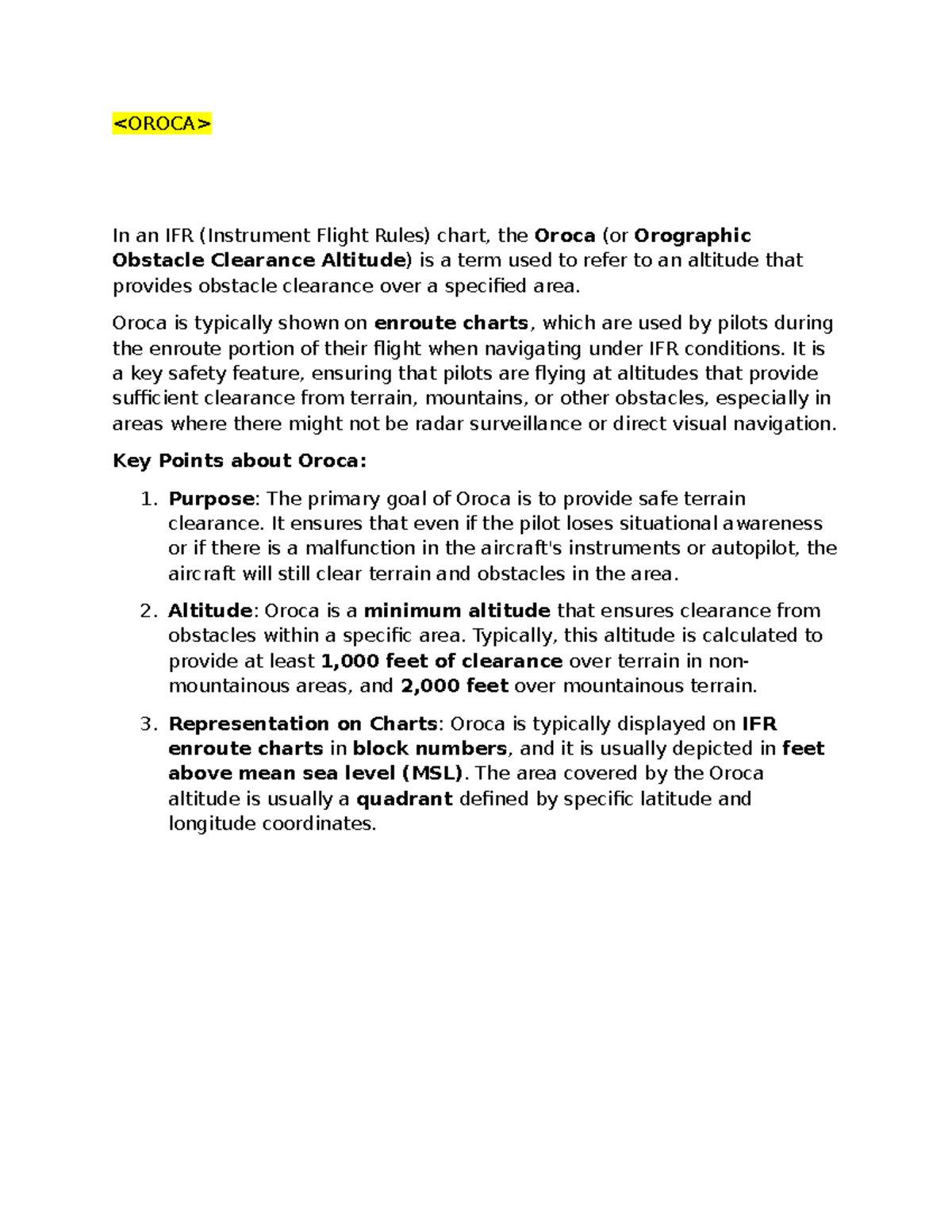 Oroca Overview: IFR Chart Obstacle Clearance Altitude - Studocu