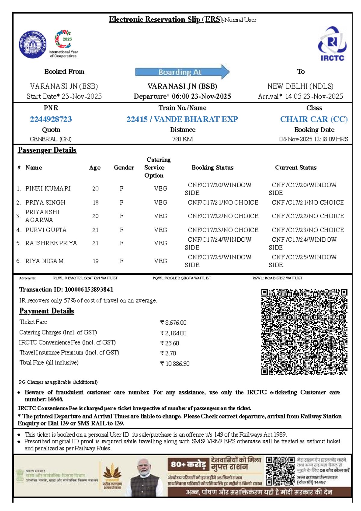 Electronic Reservation Slip: Vande Bharat Exp BSB to NDLS - Studocu