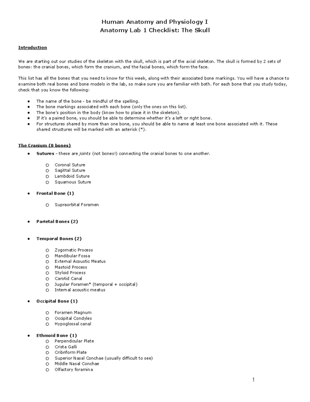 Human Anatomy & Physiology I: Skull Lab Checklist - Studocu