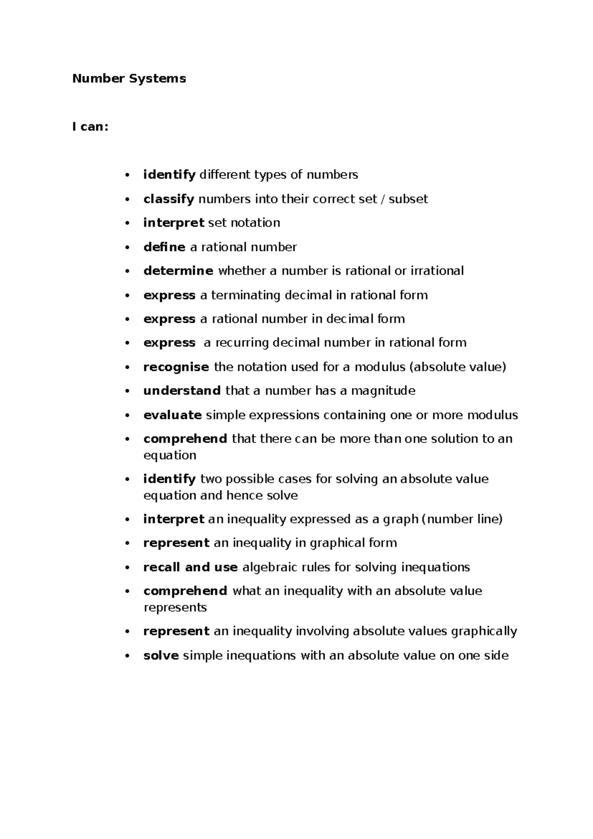 Success Criteria for Number Systems & Geometric Vectors (MATH101) - Studocu