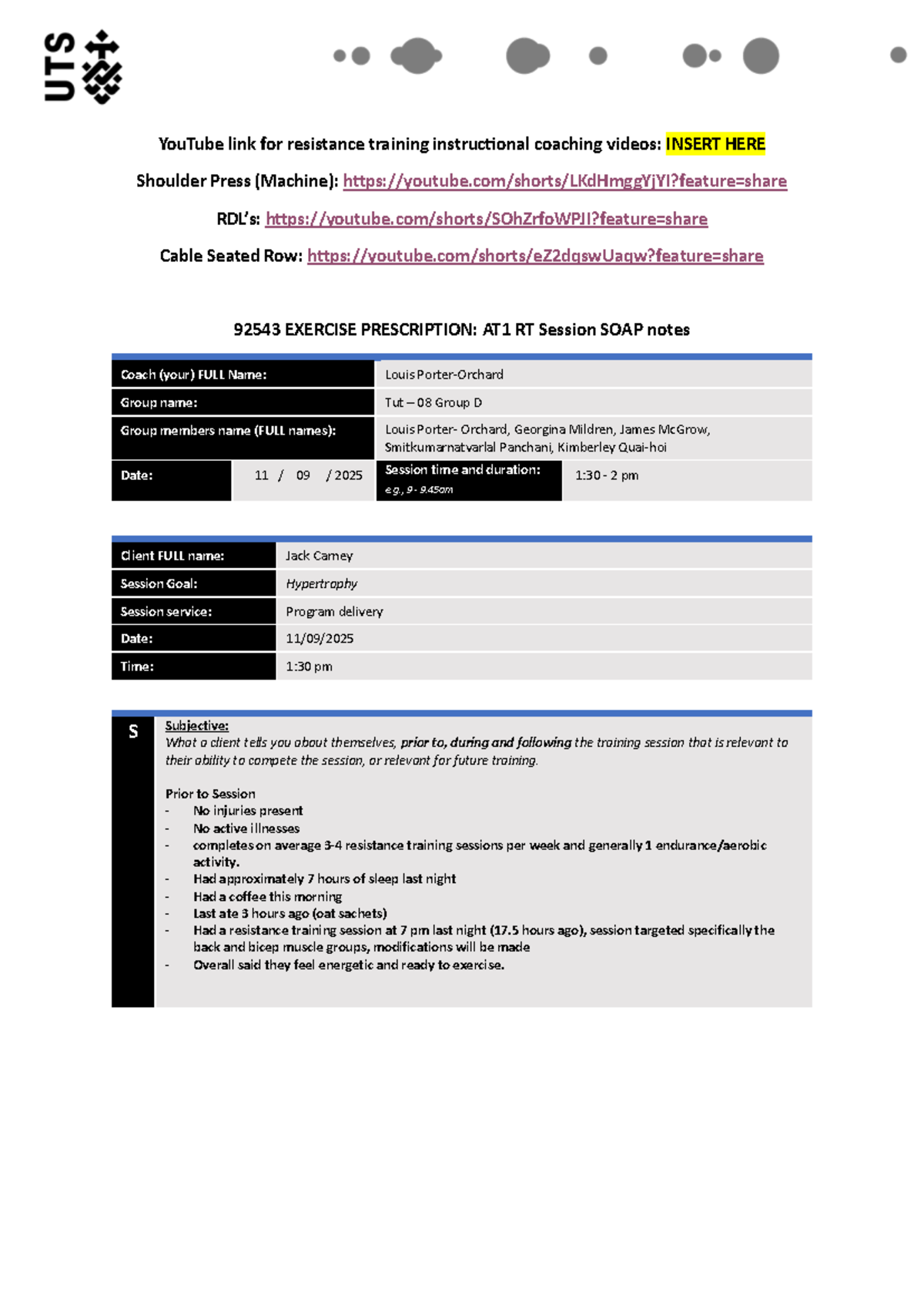 Lab 8 Group D: Resistance Training Program & SOAP Notes - Studocu