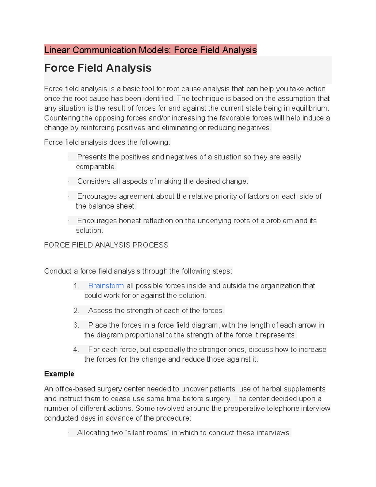 Linear Communication Models: Force Field Analysis Overview (Module-1 ...