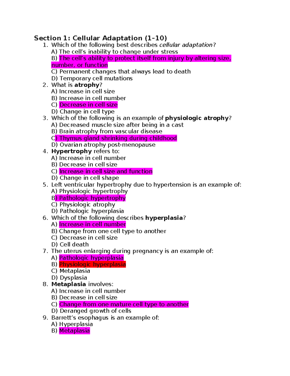 Cellular Adaptation and Injury: Practice Questions for Exam 1 - Studocu