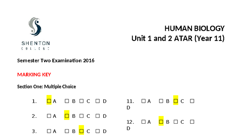 Sem 2 2016 HBS Exam Marking Key - Human Biology ATAR Year 11 - Studocu