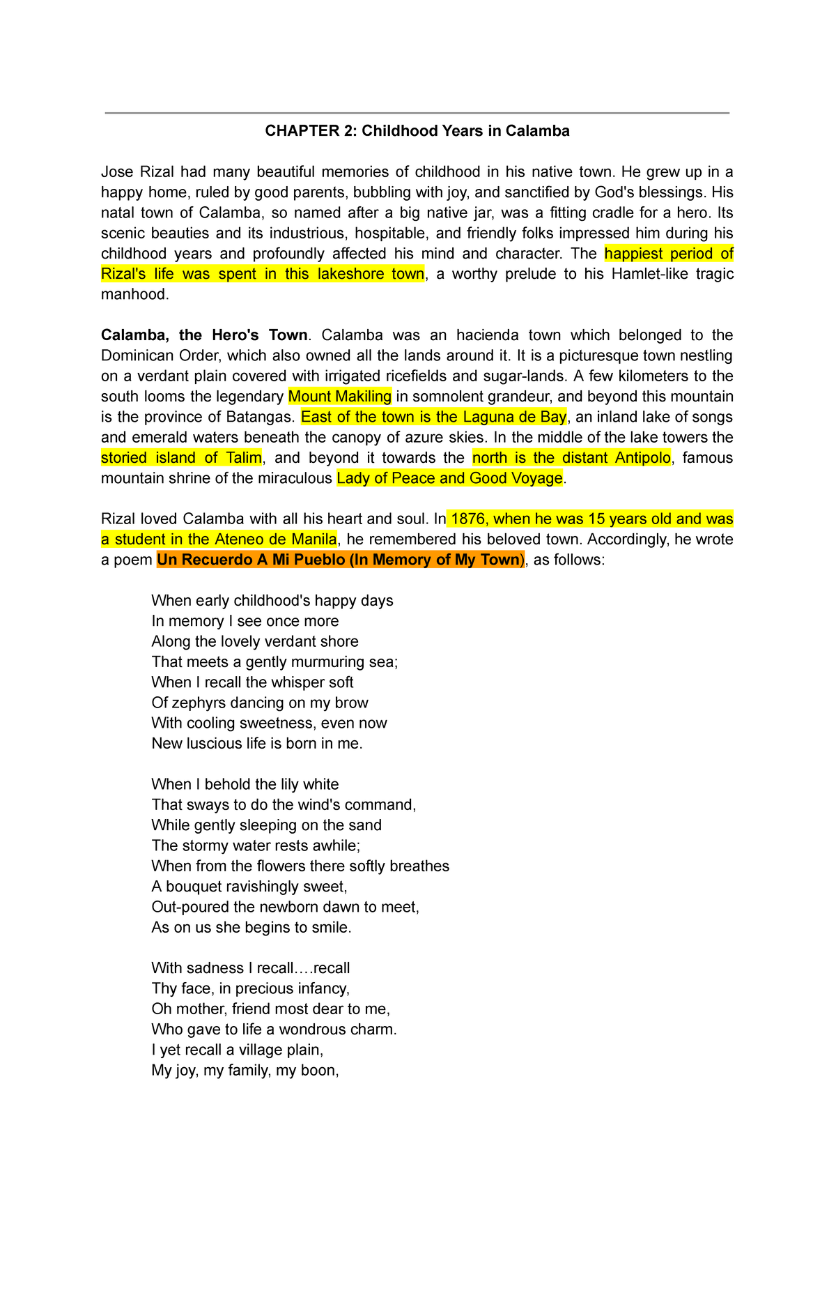 LWR Chapter 2: Childhood Memories of Jose Rizal in Calamba - Studocu