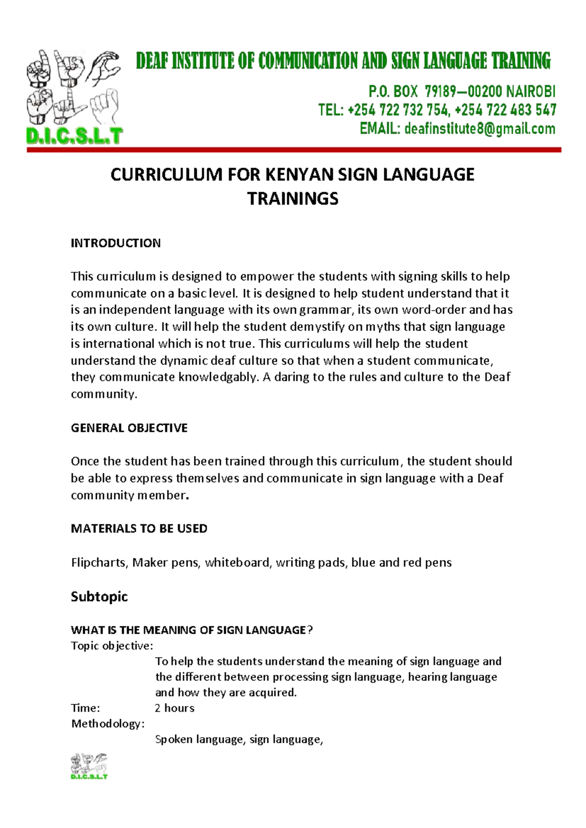 Curriculum for Kenyan Sign Language Training (KSL) - Studocu