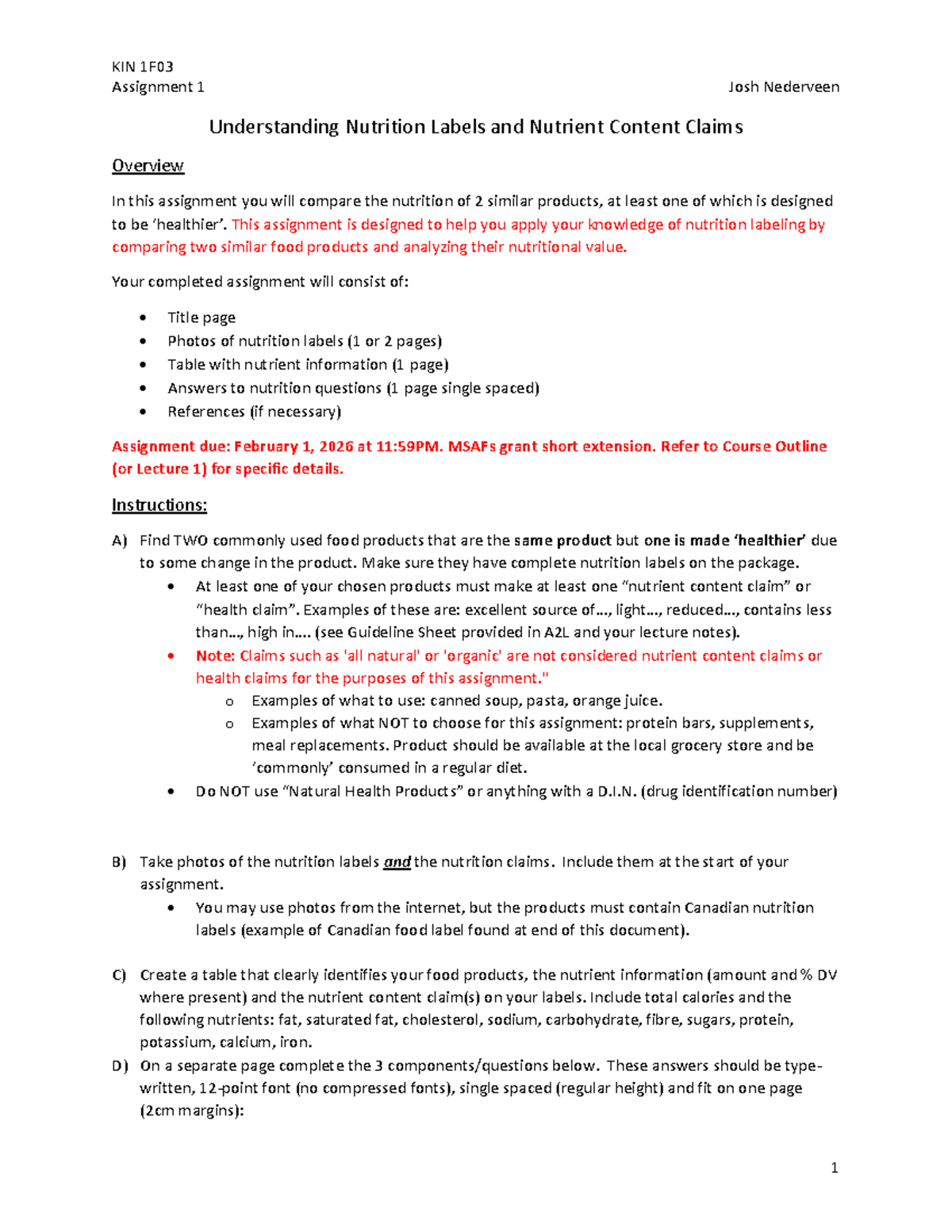 KIN 1F03 Assignment 1: Analyzing Nutrition Labels & Claims (2026W ...