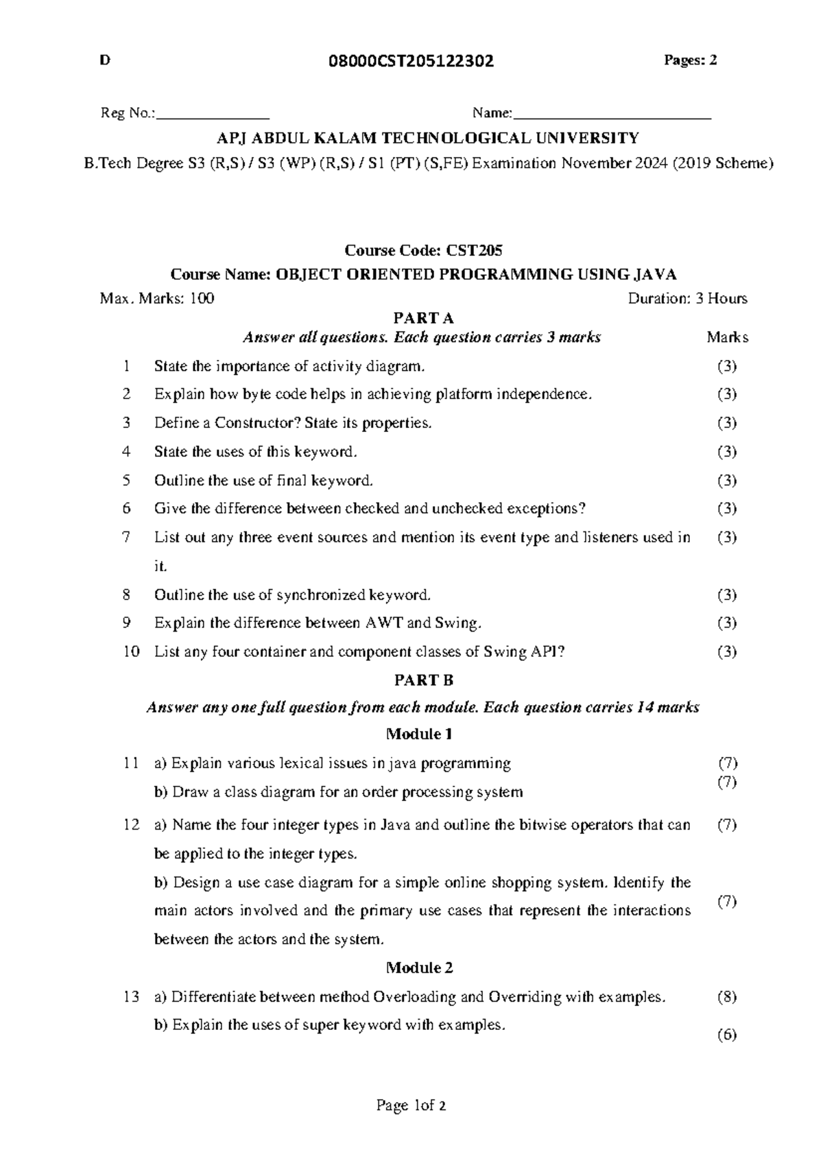 CST205 - Object Oriented Programming Using Java Exam Questions - Studocu