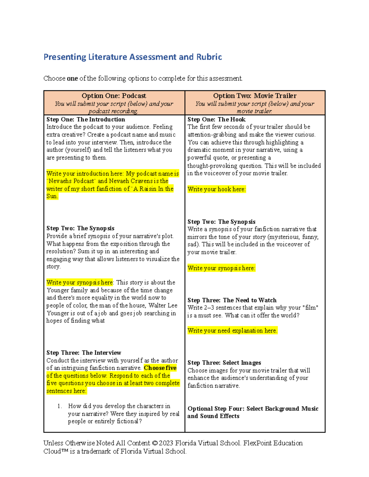 Copy of presenting literature assessment rubric - Presenting Literature ...