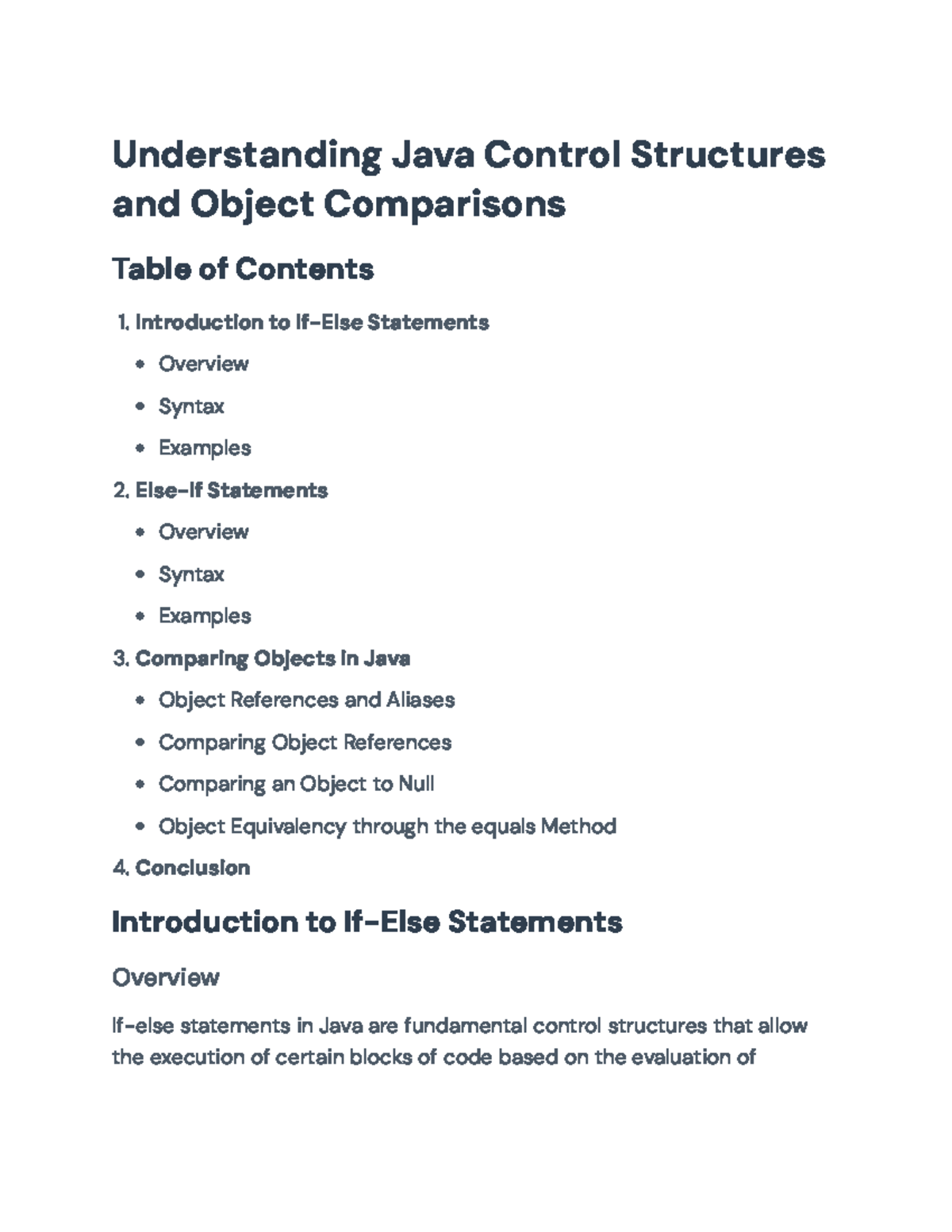 Understanding Java Control Structures And Object Comparisons They
