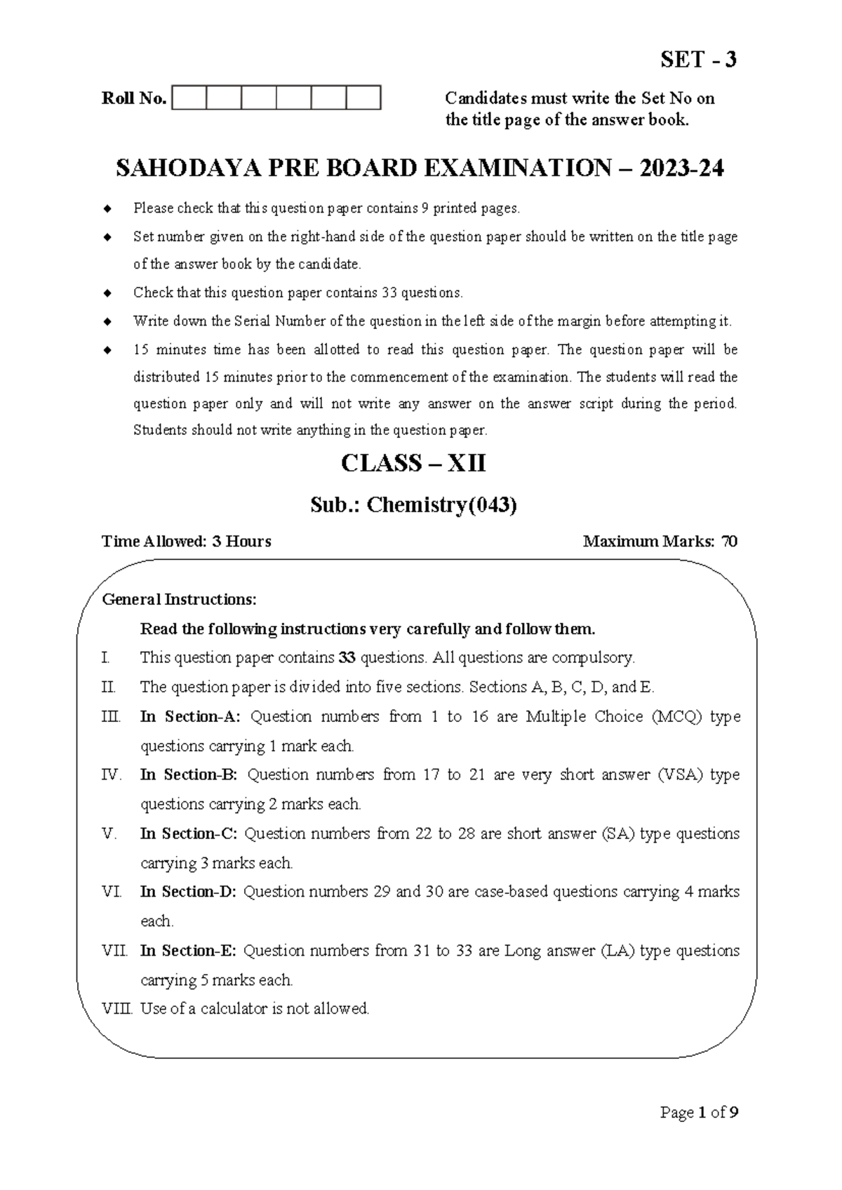 Chemistry Class XII Pre-Board Exam QP SET 3 (043) - Studocu